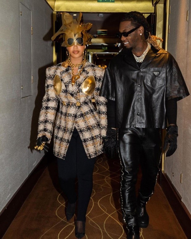 Cardi B makes a statement with Offset in Schiaparelli with liquid gold ...