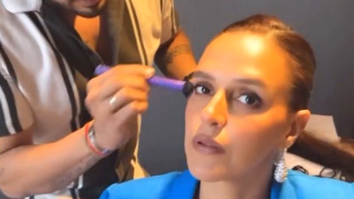 Blazing in blue! Neha Dhupia straight from the makeup chair - Bollywood ...